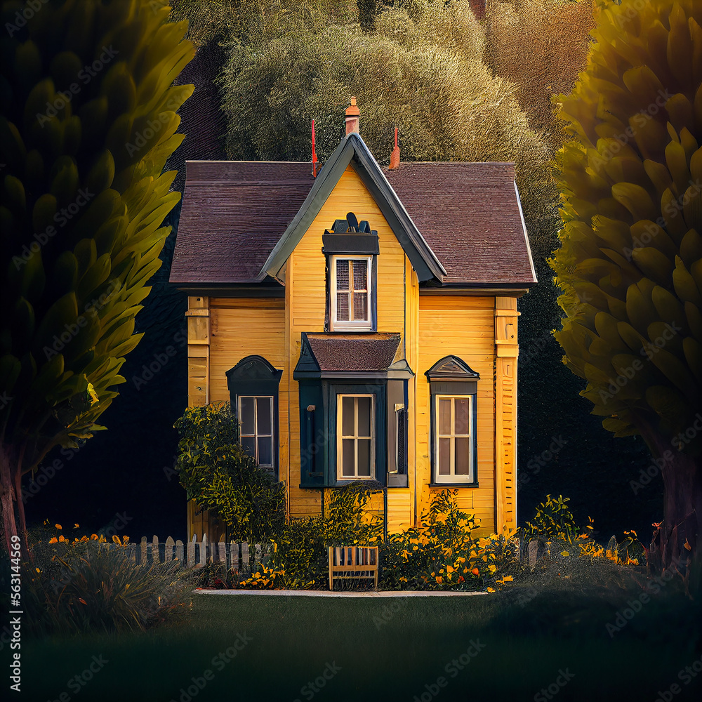 Charming yellow house with wooden windows and green grass. Illustration ...