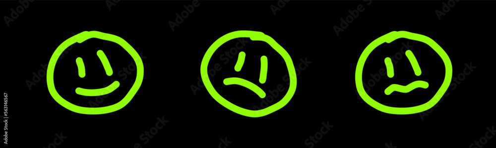 Doodle y2k brutalist smileys. Happy, sad and confused marker or pencil ...