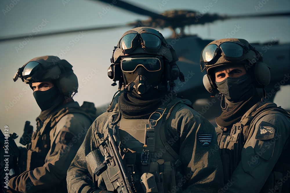 Military personnel with automatic weapons in front of a helicopter ...