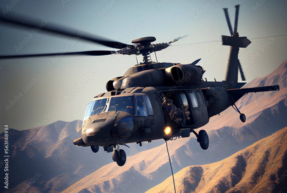 American Black Hawk helicopter firing. Created with Generative AI ...