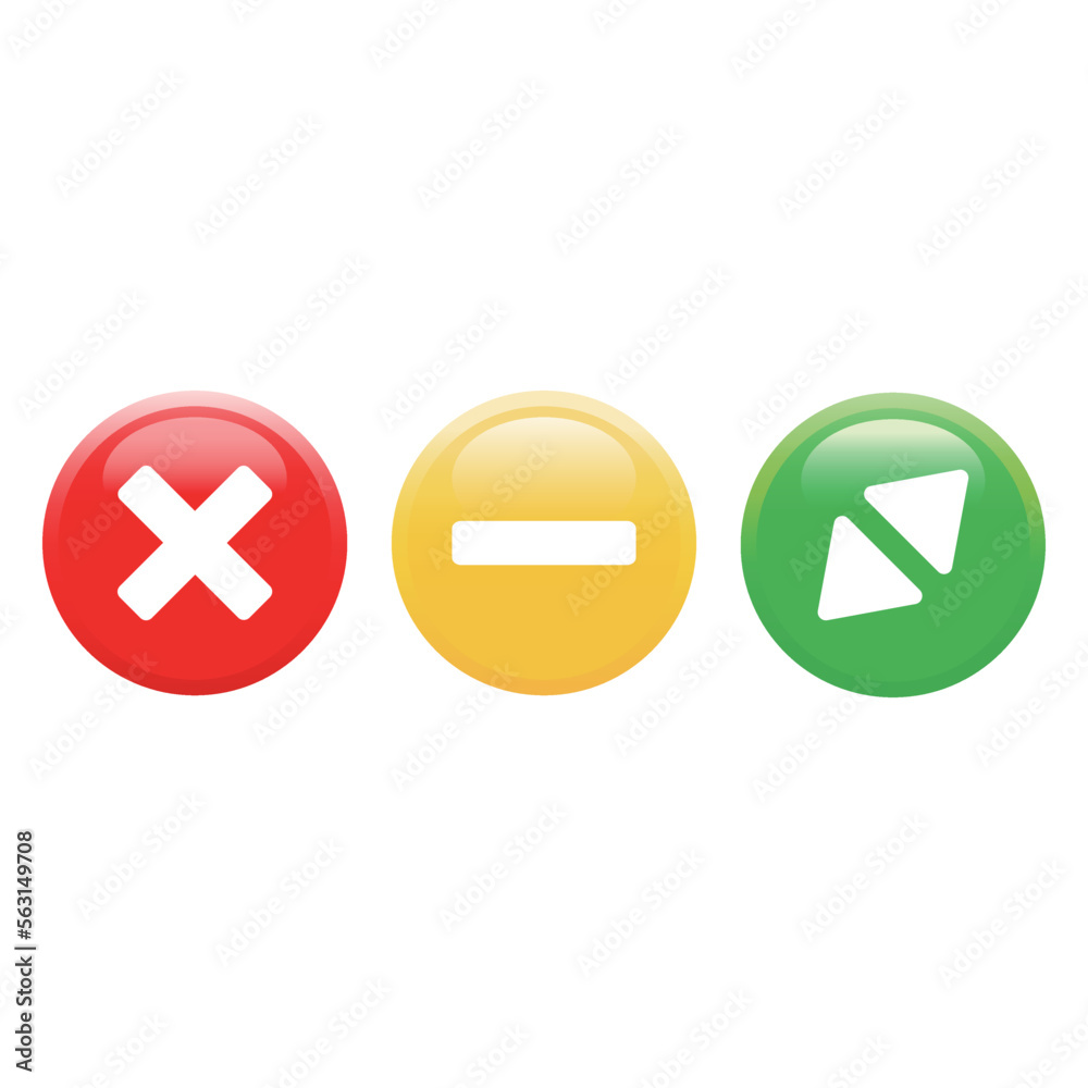 Maximize, minimize and close window buttons. Green color maximize ...