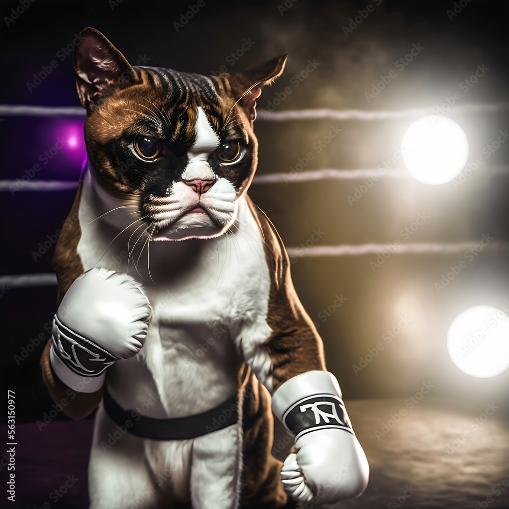 Portrait of cat boxer posing in a fighting stance at a boxing ring ...