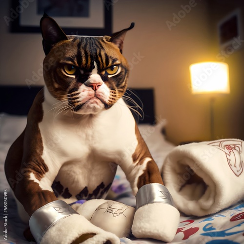 Grumpy cat lies on a bad and poses for a photo with a grim face ...