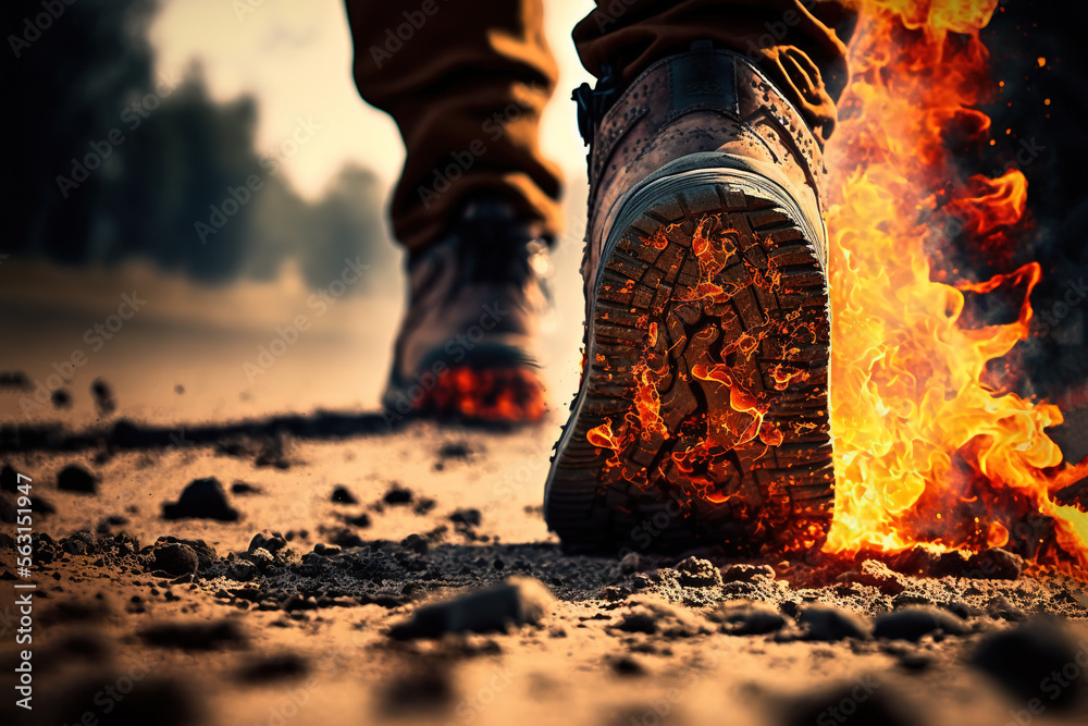 walking pass the fire flame on the ground concept. sketch art for ...