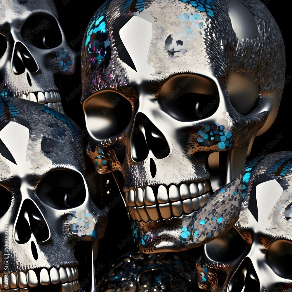 skulls made of shining chrome and liquid silver organic shape repeating ...