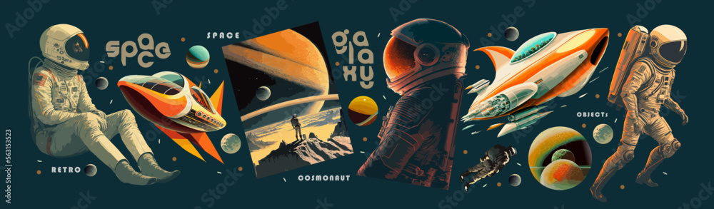 Space Science Fiction Future Vector Retro Illustrations Of Astronaut Galaxy Planet Moon