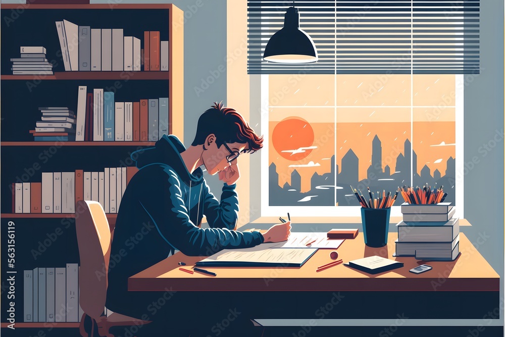 A student studying on his study table at his home. Study Table ...