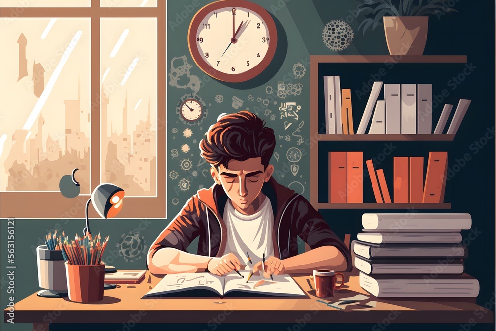 A student studying on his study table at his home. Study Table. Clock ...