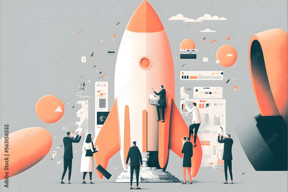 Employees building a rocket spaceship to illustrate business concepts ...