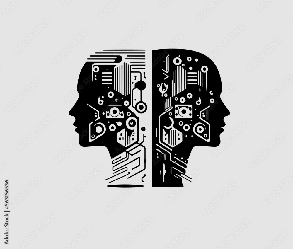 silhouettes of two cyborg heads in profile with chips as a symbol of ...