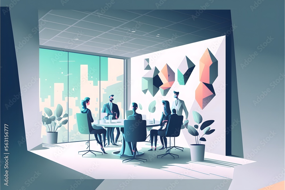 Cartoon graphic illustration in 3d of a business meeting in the board ...