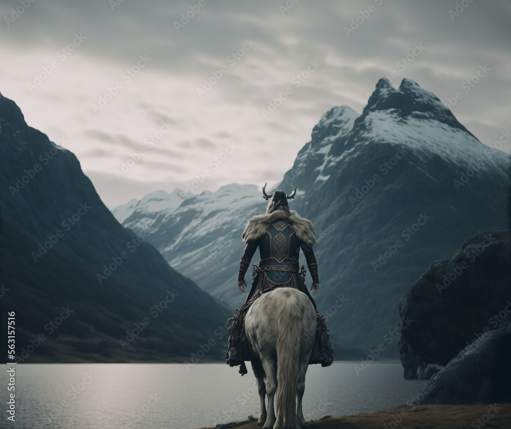 mighty viking riding a horse against the backdrop of mountains ...