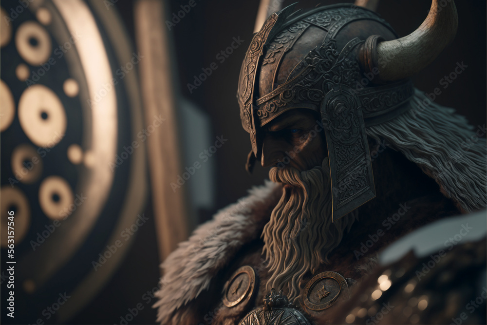 Portrait of an ancient mighty Scandinavian warrior in armor and a ...