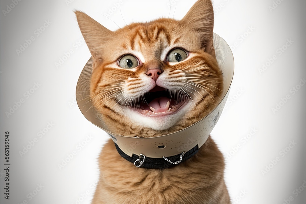 cat in veterinary collar after the operation isolated on background ...