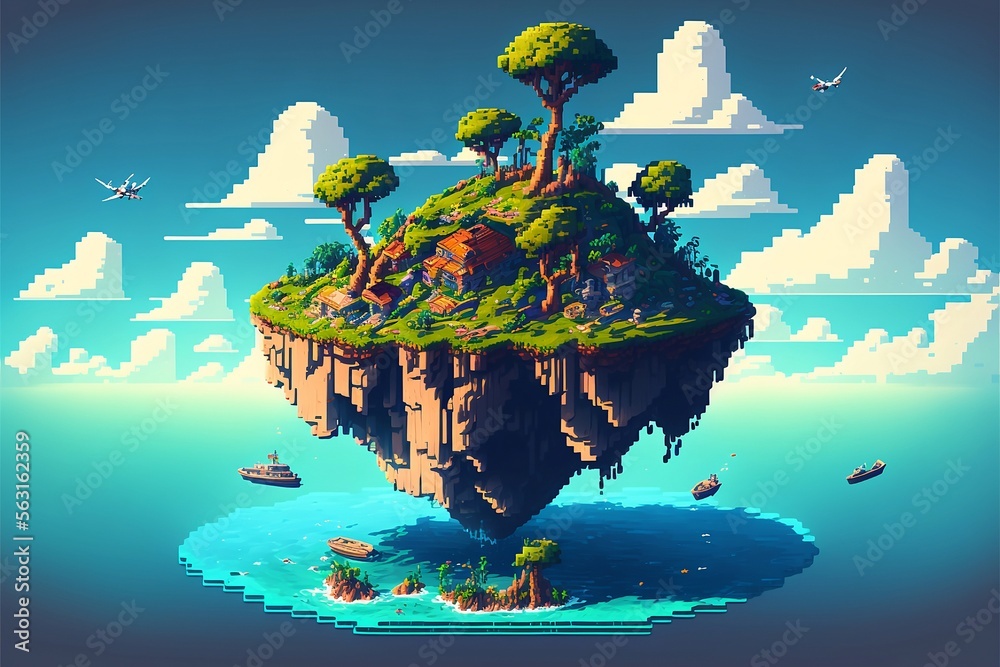 Floating island over the ocean, 32-bit pixel art, high resolution "AI ...