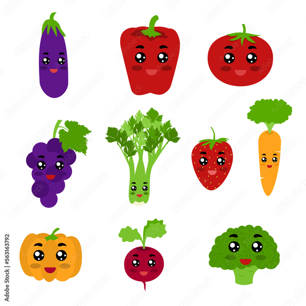 Fruits and vegetables like kawaii characters. Fruits and vegetables are ...