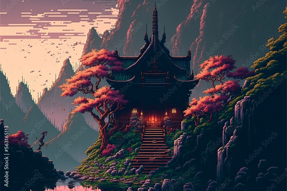 Landscape of a Chinese temple, pixel art 32-bit, high resolution "AI ...