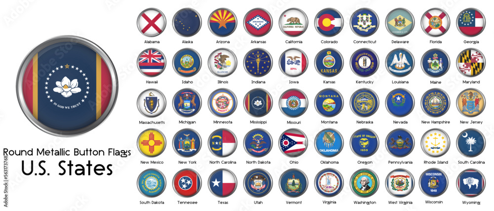 All US state flags with round metallic button. Vector illustration ...