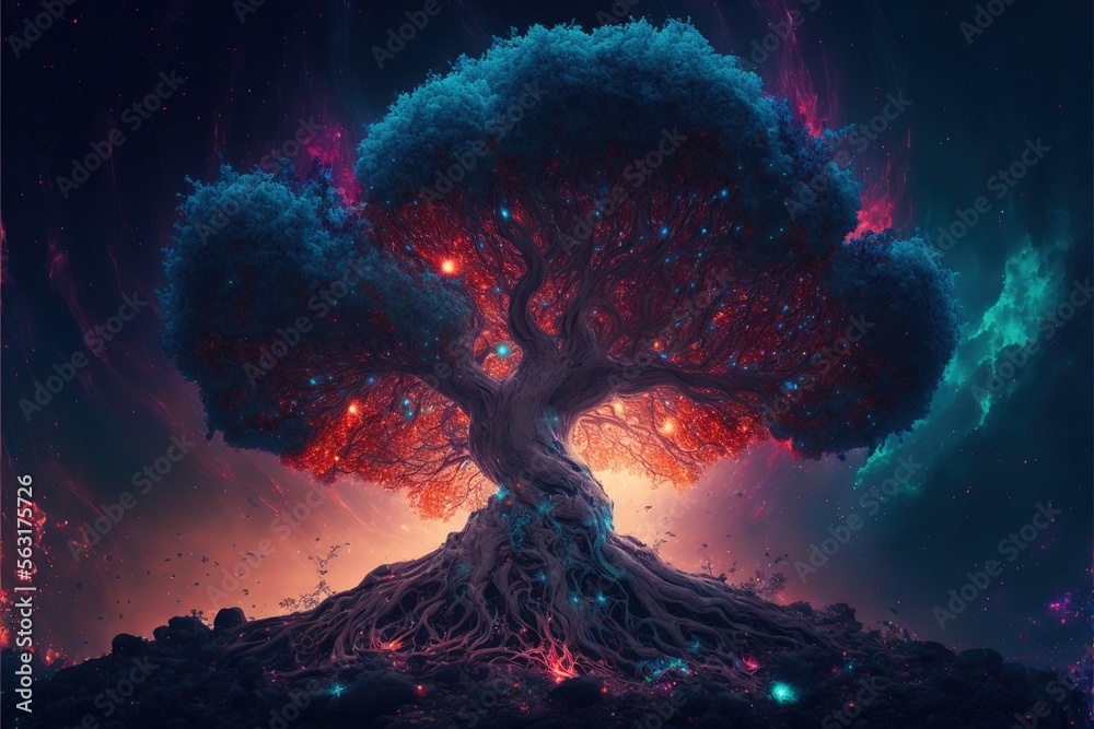 Cosmic nebula growing gigantic tree of life, yggdrasil, growing on ...