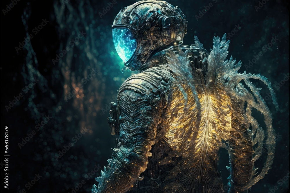 Firefly bacteria ghostly glow armour spacesuit on the surface of Europa ...