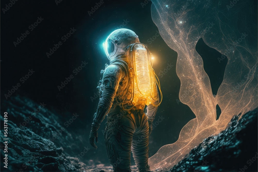 Firefly bacteria ghostly glow armour spacesuit on the surface of Europa ...
