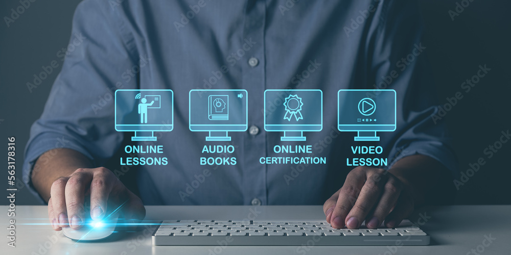 E-Learning, person using keyboard show infographics online learning ...