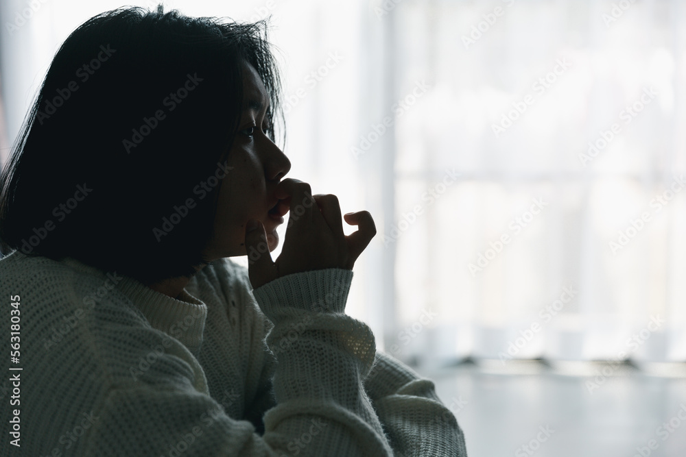 Concept of sad teenage girl depression. Upset teenage girl sitting at ...