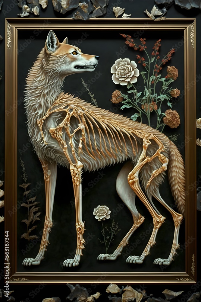 texture Japanese Wolf and Chrysanthemum skeleton oil painting ...