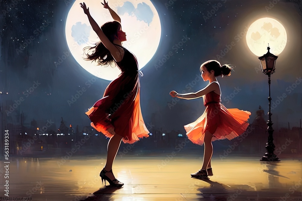 Girls Dancing At Night In the Streets Under Double Moon. .generative Ai ...