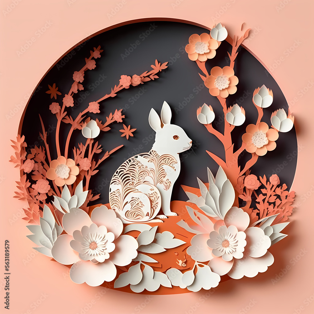Rabbit with plum blossom flowers and mei hwa flowers. Papercut. Symbol ...