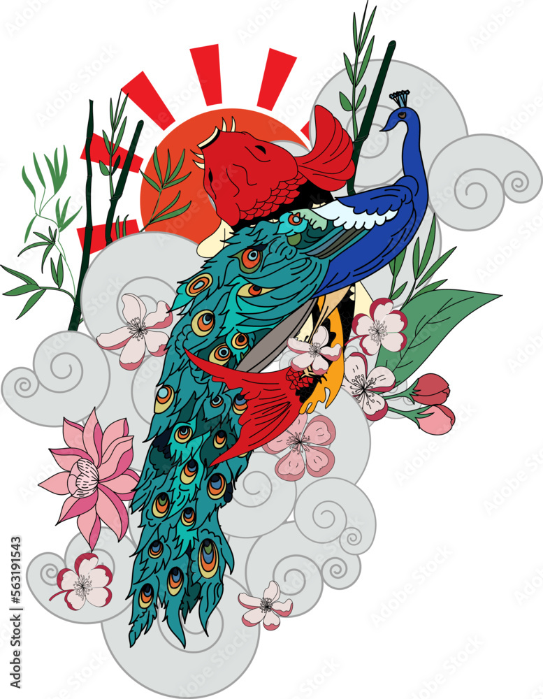Chinese Peacock with cherry blossom and bamboo on clound background ...