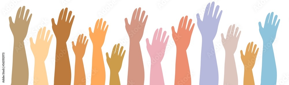 Diversity multi-ethnic and multiracial hands. Group of raised hands of ...