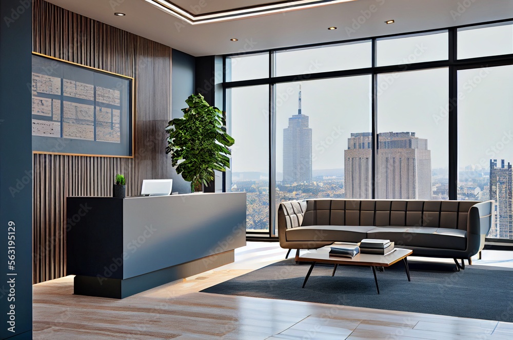 city view reception area with a comfortable seating area and a front ...
