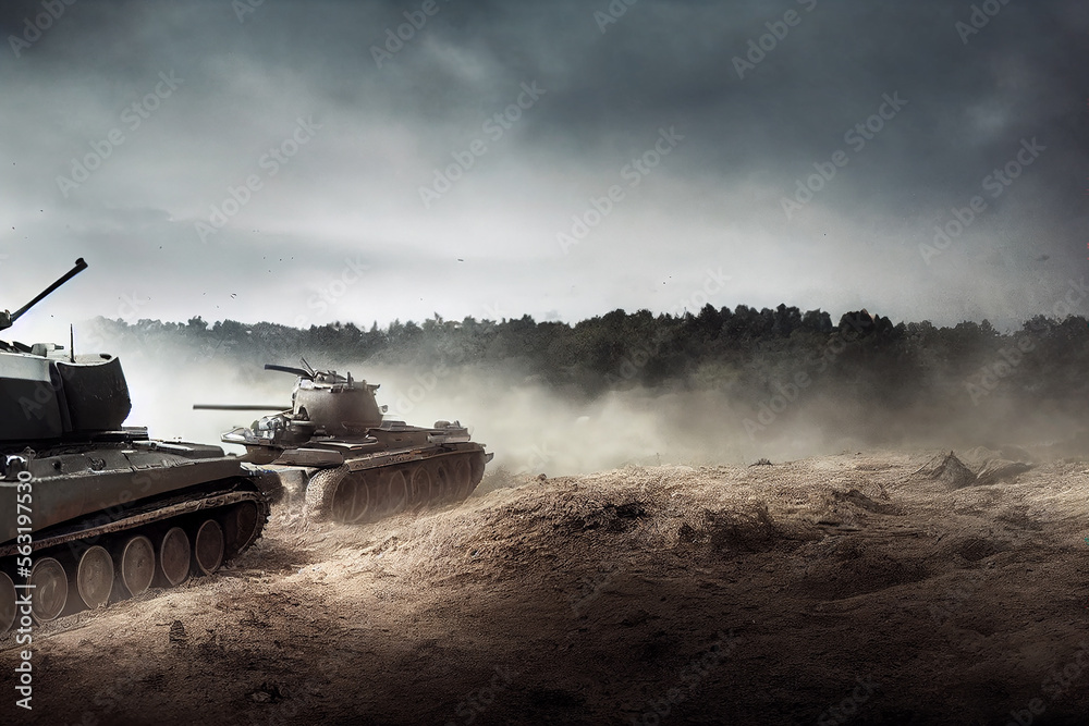 WW2 inspired tanks moving through post-apocalyptic remains of ...