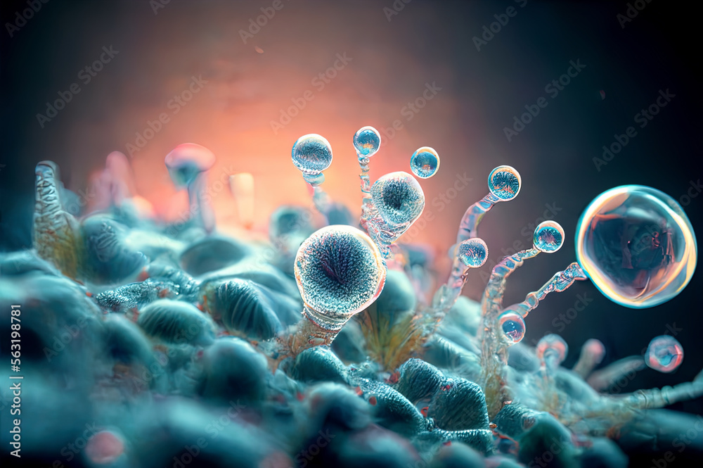 microscopic macroscopic view of alien eggs and bacterias virus in a ...