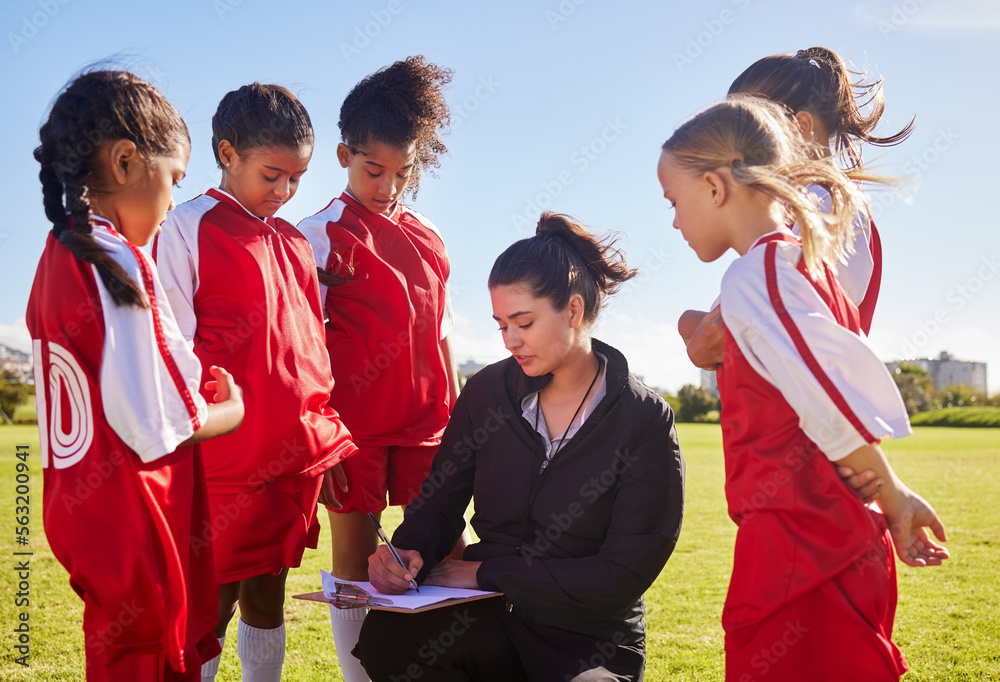 Planning, sports and coach with children for soccer strategy, training ...