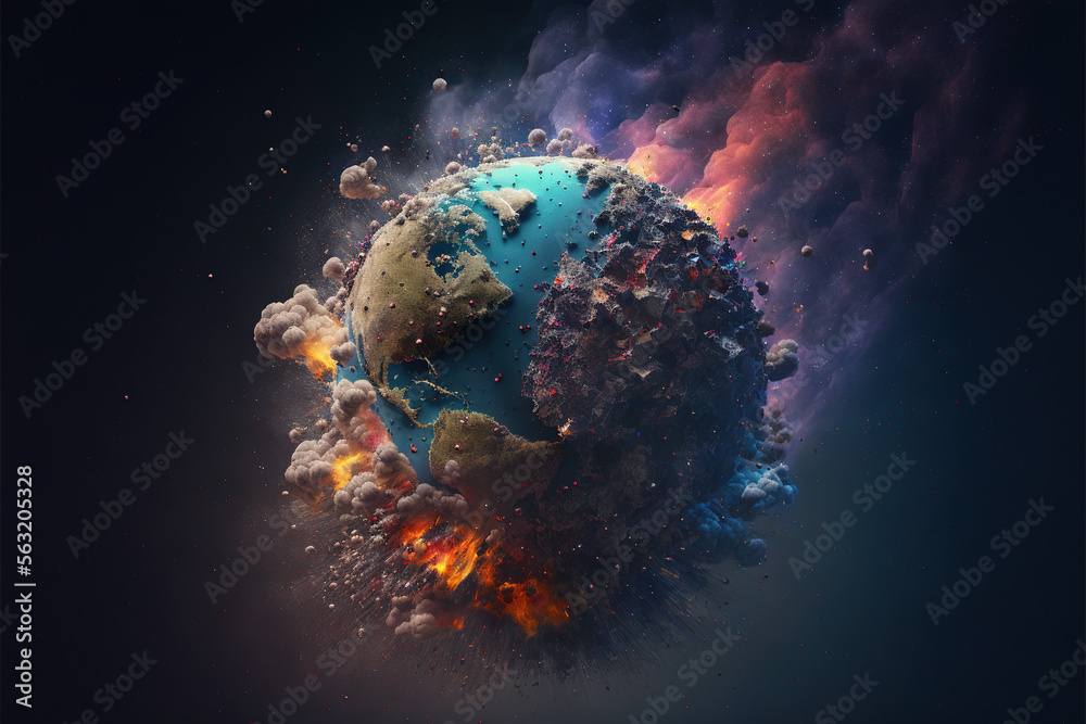 Earth with fire and explosions, dead planet Earth climate change damage ...