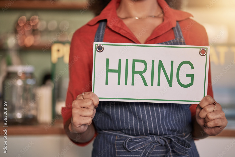 Small business, hands or business owner with a hiring sign for job ...