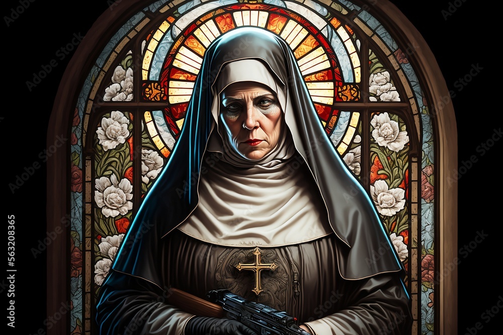 Stained Glass Window of Holy Nun Holding a Gun Stock Illustration ...