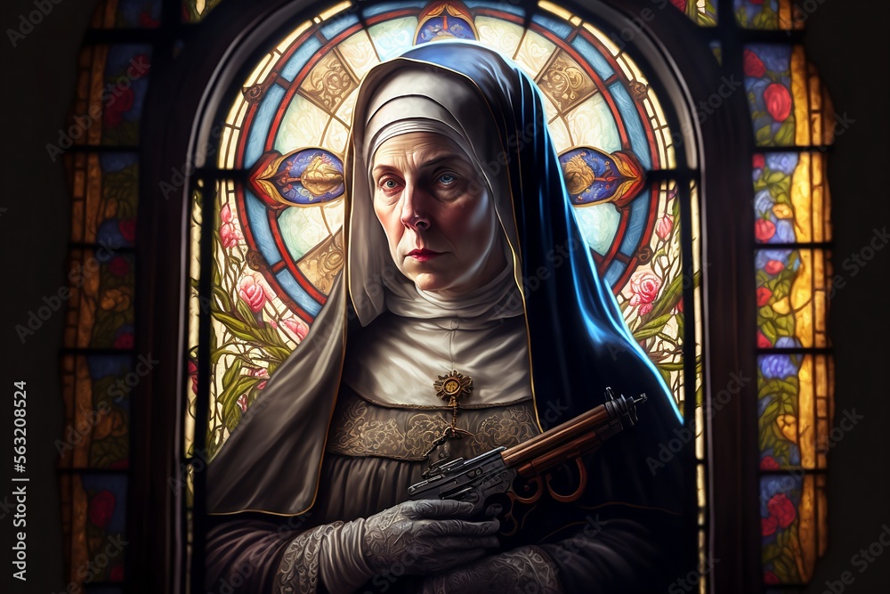 Stained Glass Window of Holy Nun Holding a Gun Stock Illustration ...