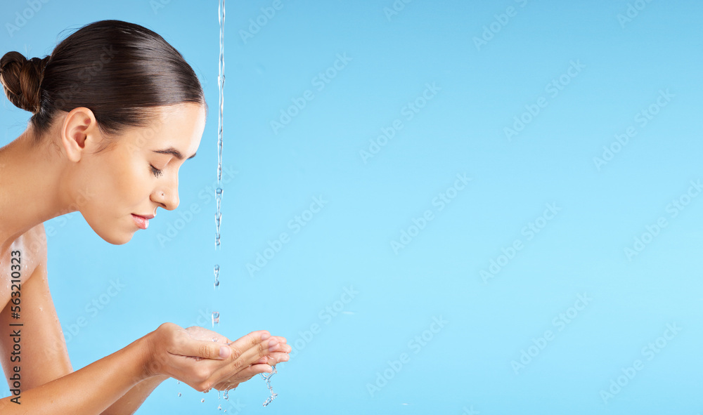 Beauty, water and mockup with a model woman cleaning her face in studio ...