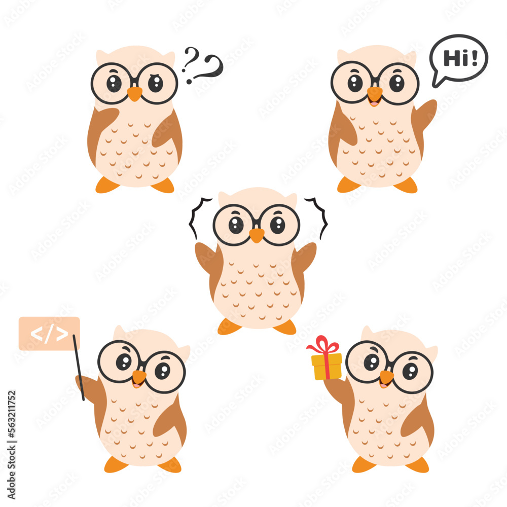 Vector Collection of Owls in different poses. Happy cartoon owl mascot characters. thinking ...