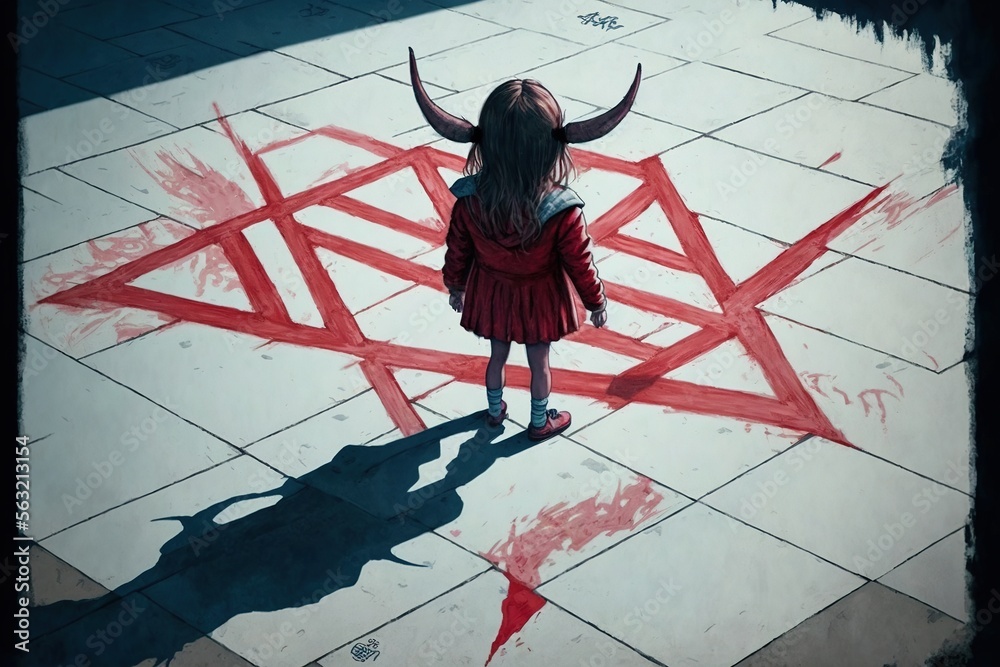 A child drawing the evil pentagram a symbol of demon on the ground ...