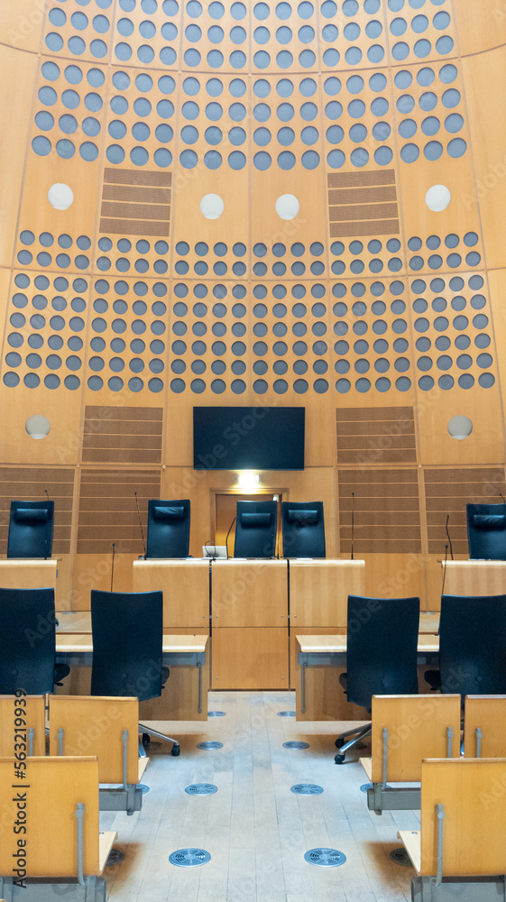 empty courtroom with judge and clerks workplace in modern wood design ...