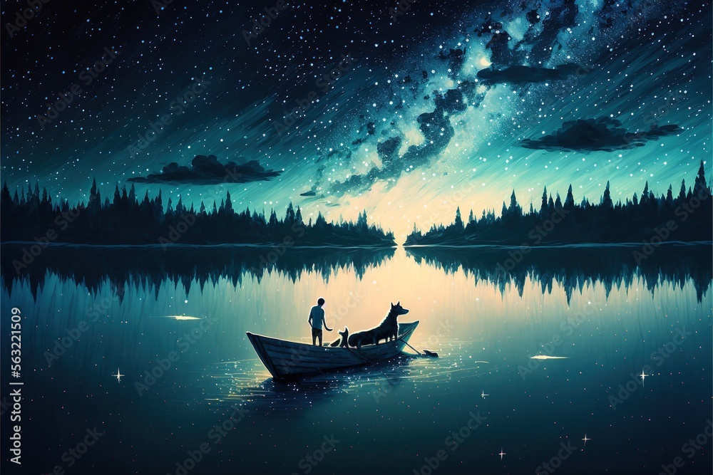 Boy rowing a boat with his wolf among the stars in the night sky ...