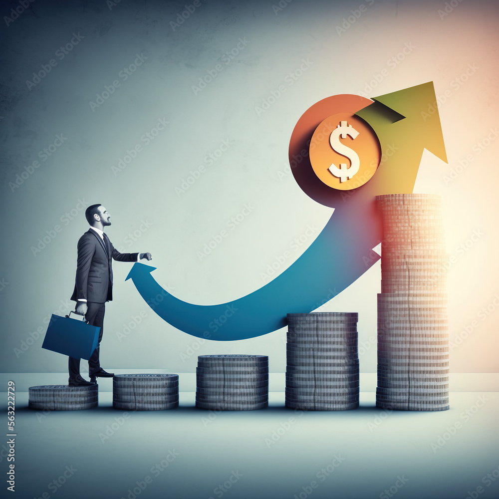 Businessman climbing money coins with up arrow and percentage symbol ...