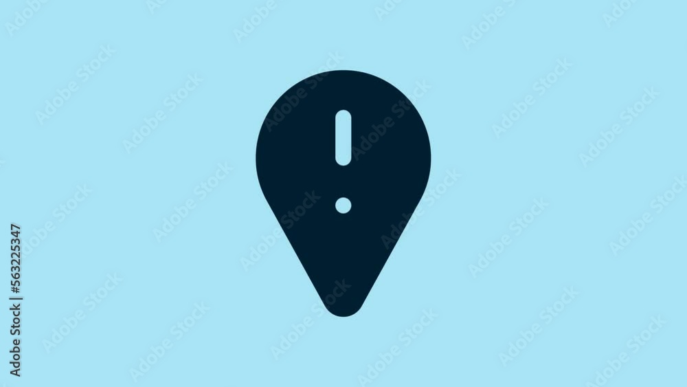 Blue Map pointer with exclamation mark icon isolated on blue background ...