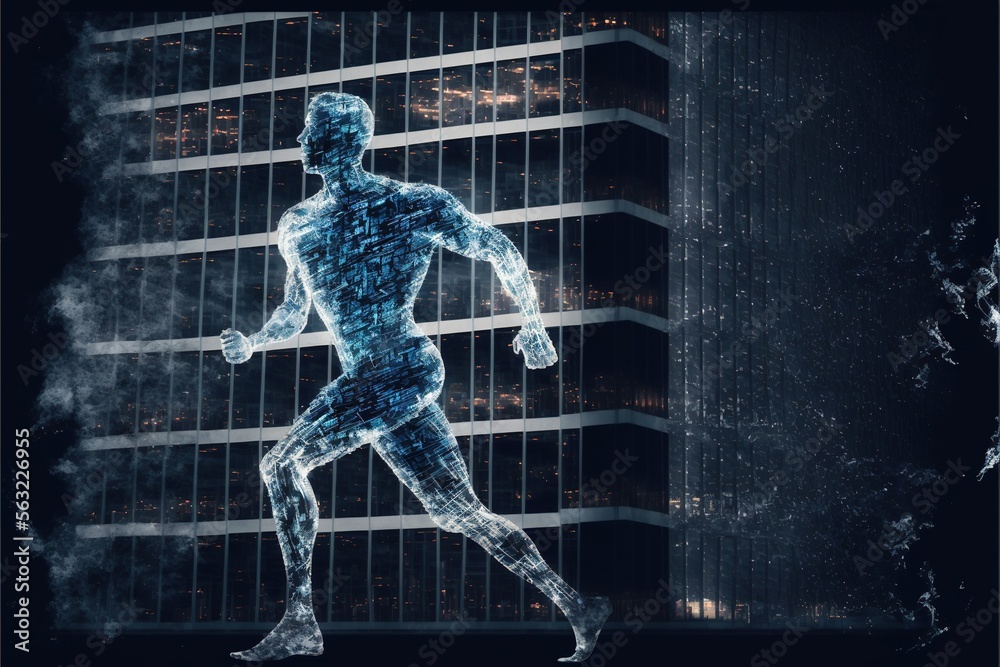 Futuristic human running breaking through the glass of the building in ...