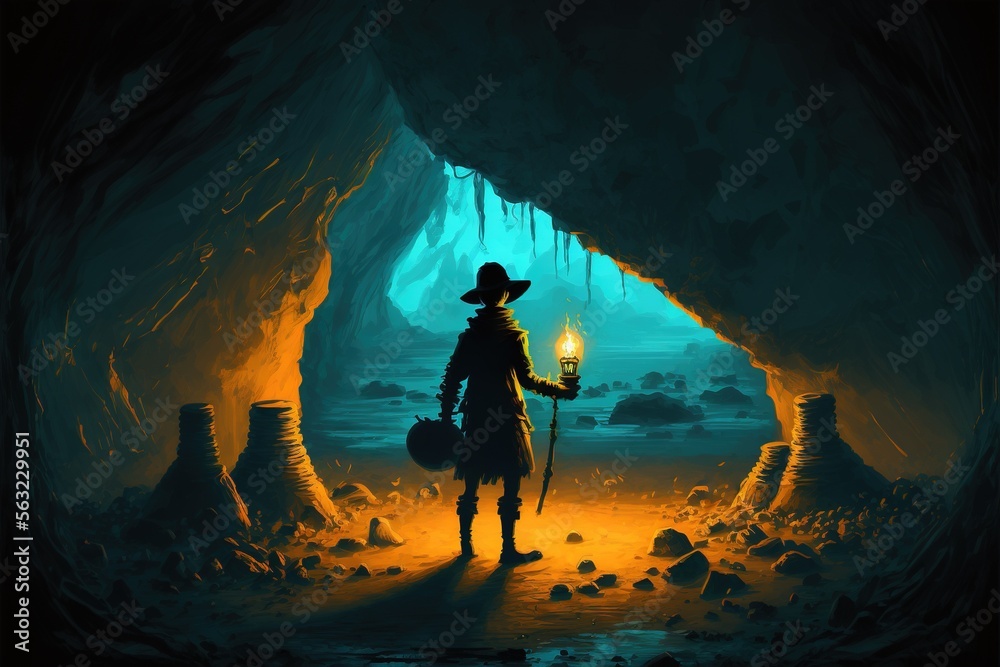 Man with a lantern explores the ancient cave of darkness, digital art ...