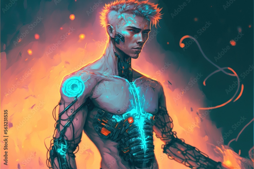 sci-fi concept showing a cyborg male recovering energy, digital art ...